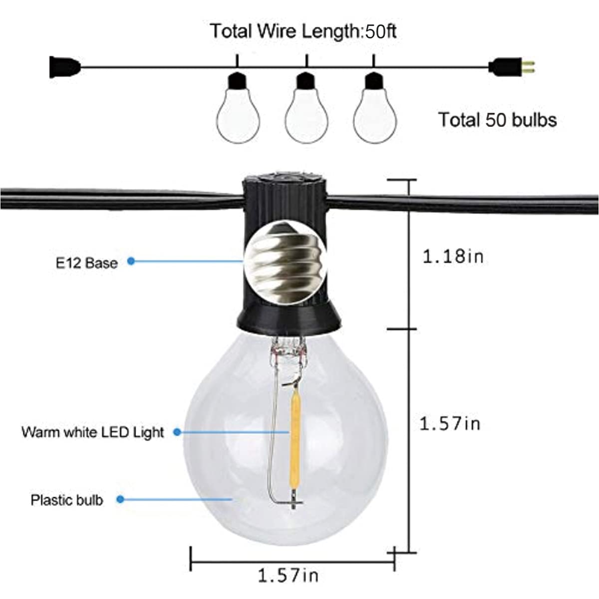 Alitamei 50FT G40 LED Globe String Lights with 50 LED Shatterproof Dimmable Bulbs Backyard Patio Lights Hanging String Lights for Garden Bistro Pergola Tents Gazebo Decor Indoor Outdoor, 2 Pack