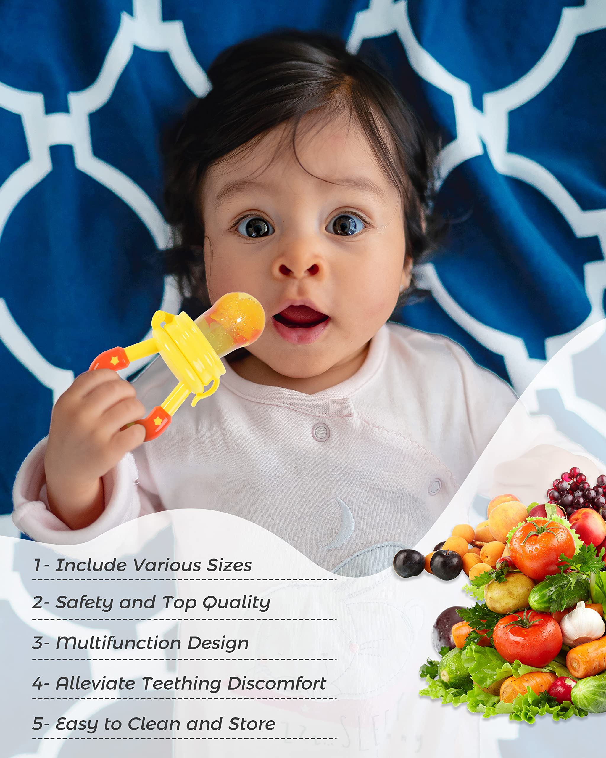 Baby Fruit Feeder, Baby Food Feeder,Teething Pacifier (4 Pack), Baby Fruit Pacifier Feeder, Soft Safe BPA-Free Silicone Pouches, Training Massaging Toy Teether