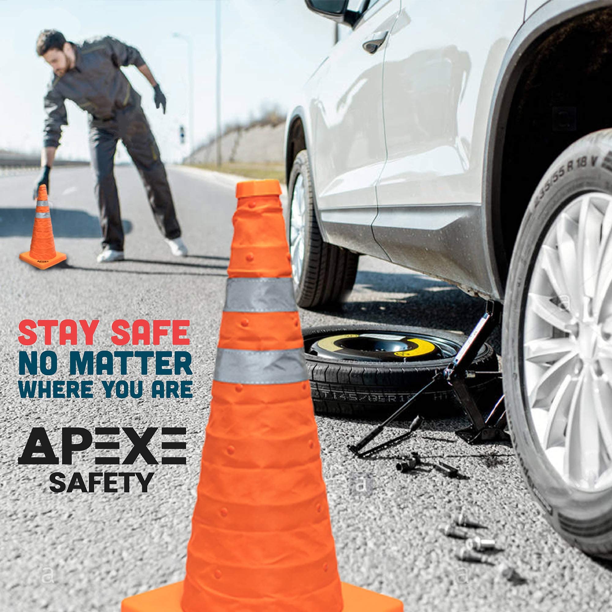 APEXE SAFETY Collapsible Traffic Cones, 19.5 Inch Pop Up Orange Cones, Construction Cones with 2 High-Intensity Grade Reflective Stripes, Waterproof Safety Cones with Durable Carrying Bag (4 Pack)