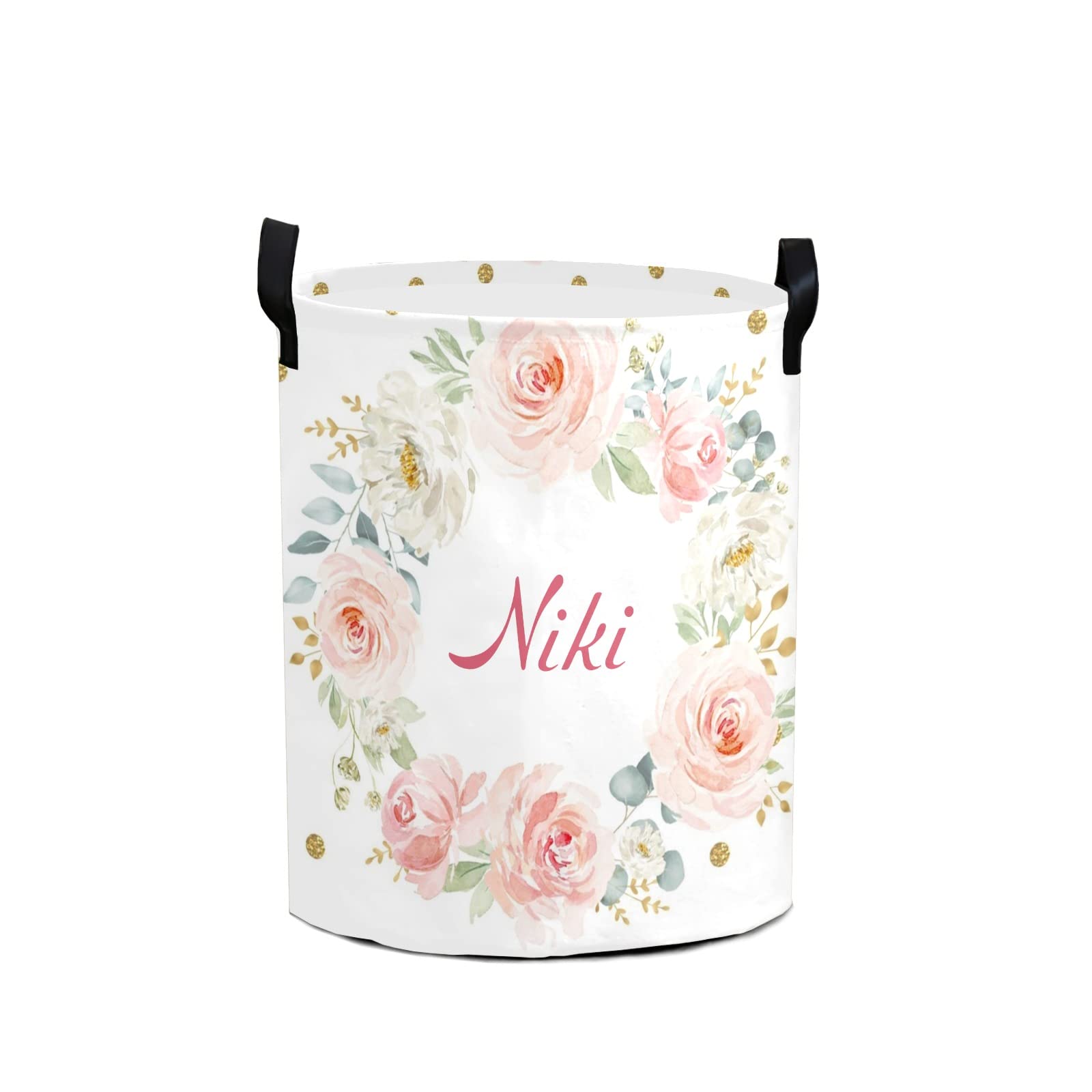 Blush Pink Gold Floral Laundry Hamper Personalized with Name Canvas Waterproof Storage Bin with Handle for Kids Nursery Hamper Gift Baskets Home Organizer