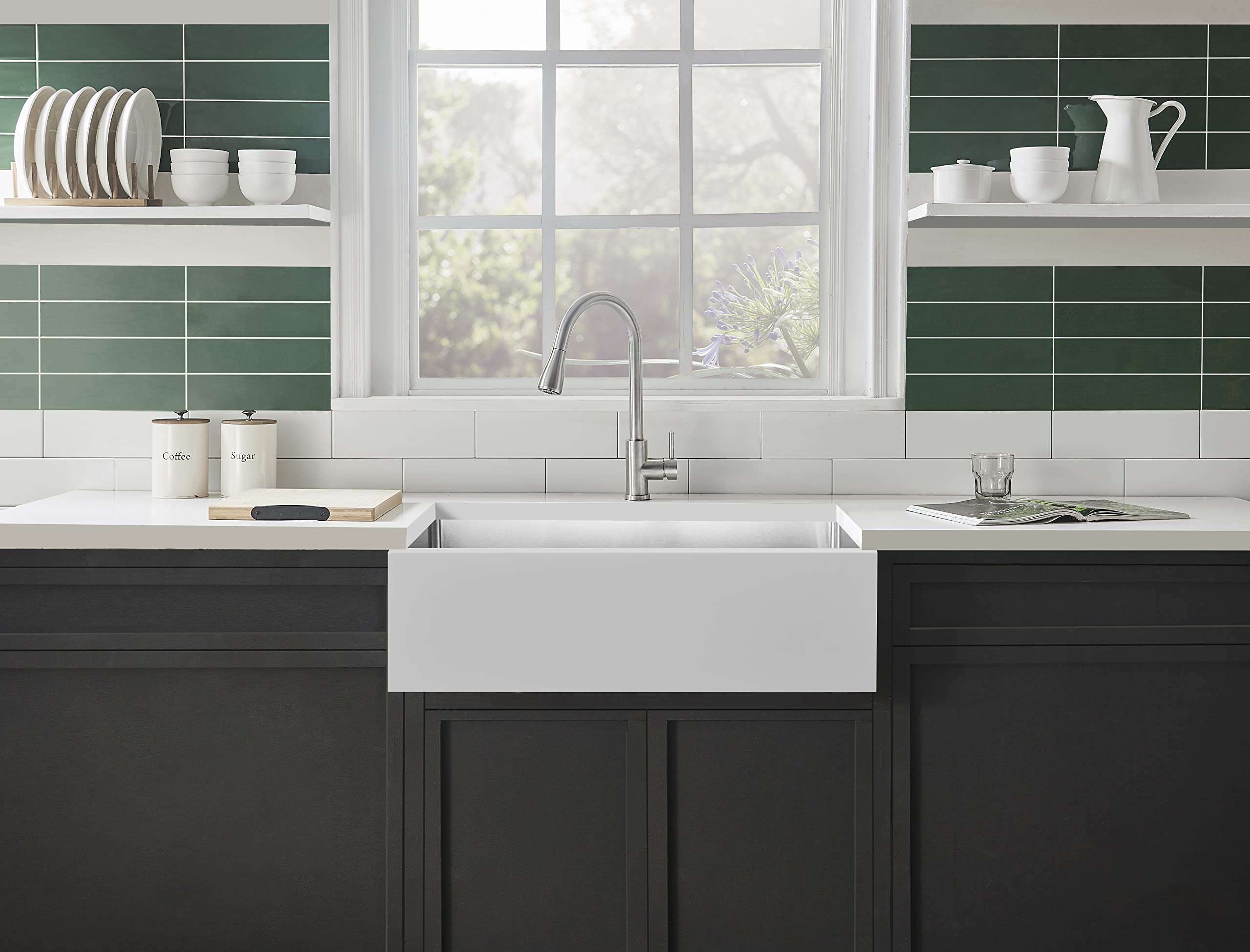 Westbrass BSS133W 33" Single Bowl 18 Ga. Stainless Steel Kitchen Sink with White Solid Surface Farmhouse Apron Front and Rim Top