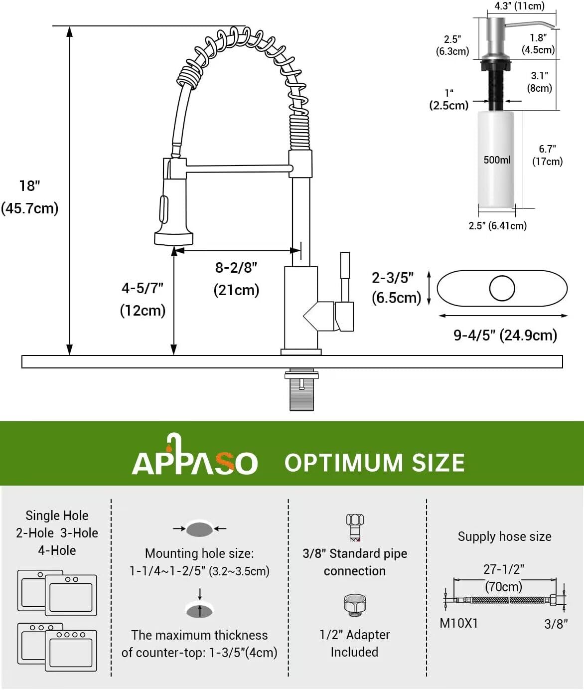 APPASO Commercial Kitchen Faucet with Soap Dispenser, 18'' Tall High Arc Kitchen Sink Faucet, Single Handle Commercial Spring Style Faucet with Pull Down Sprayer for Kitchen Laundry RV, Brushed Nickel
