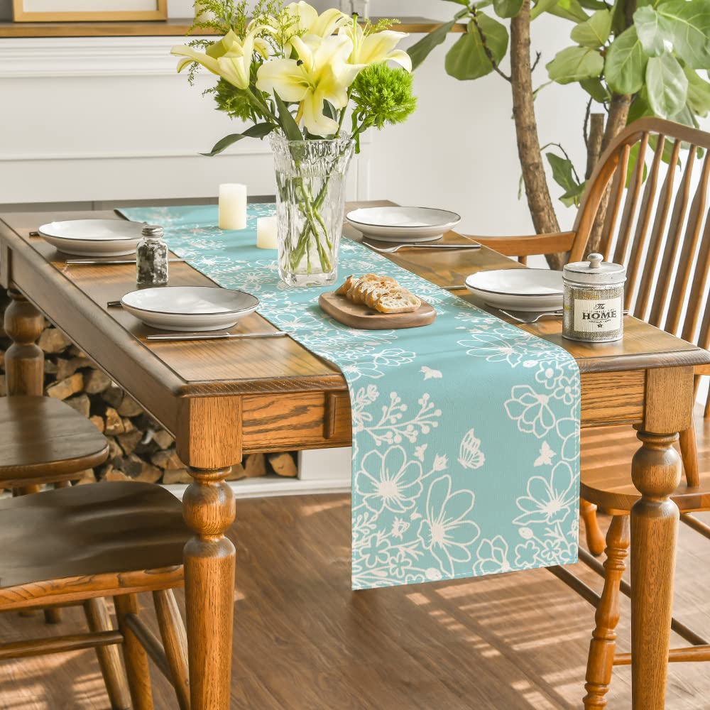Artoid Mode Blue Bloom Flowers Butterfly Spring Table Runner, Seasonal Holiday Kitchen Dining Table Decoration for Home Party Indoor 13x48 Inch