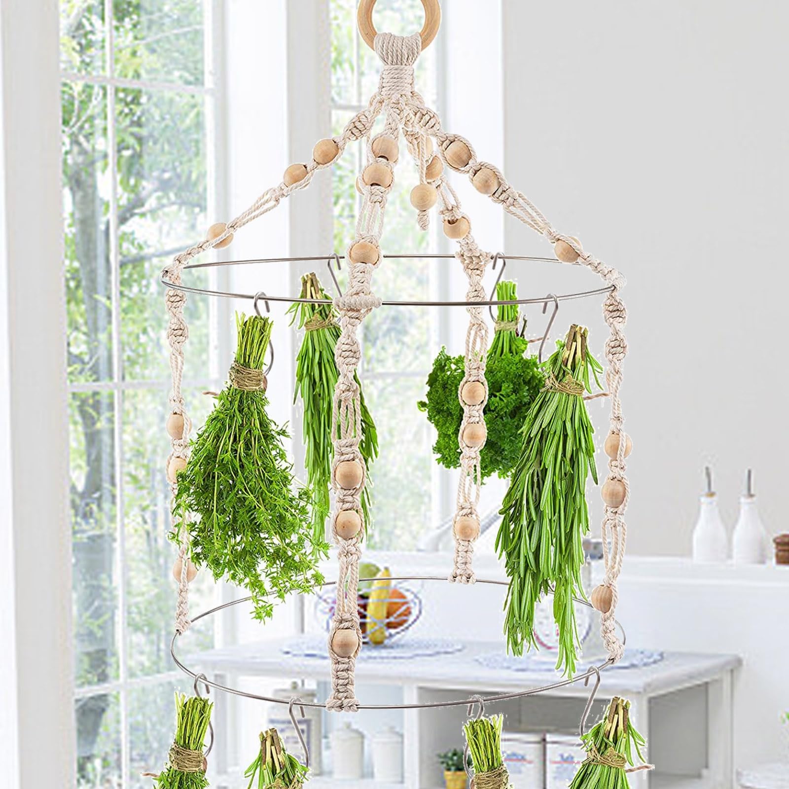 ZUDKSUY Double Hanging Drying Rack with 15 Hooks Hand-Woven Hanging Vegetable Drying Rack, Air-Dried Vegetable and Dried Fruit Rack for Air-Dried Plants, Spices and Flowers