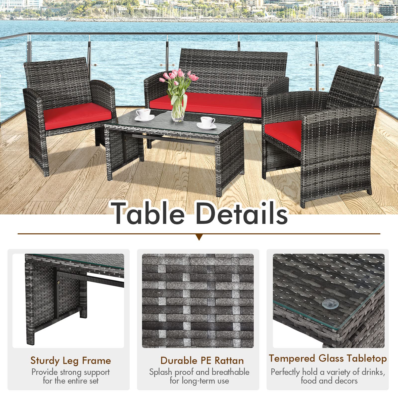 Giantex 4 Pc, Rattan Loveseat & Patio Chairs with Cushioned Seat, Wicker Coffee Table, Outdoor Furniture Front Porch Poolside Garden Lawn Conversation Sets, Mix Grey&red