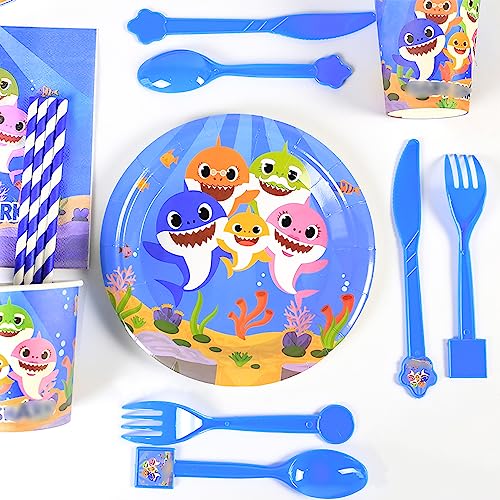 AOLDHYY 195 Pcs Shark Birthday Decorations, for 10 Guests, Shark Party Supplies, Including Birthday Banner, Blowing Dragon, Straw, Balloons, Tablecloth, Tableware, Gift Bag