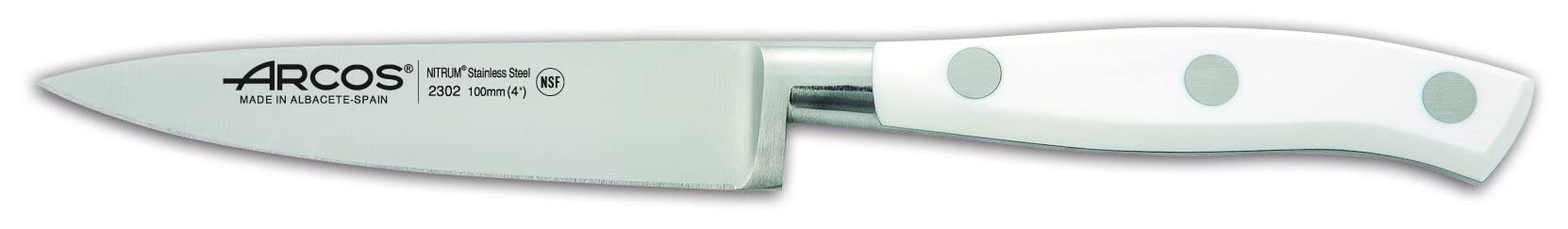 ARCOS Forged Paring Knife 4 Inch Stainless Steel. Kitchen Knife for Peeling Fruits and Vegetables. Ergonomic Polyoxymethylene Handle and 100mm Blade. Series Riviera Blanc. Color White