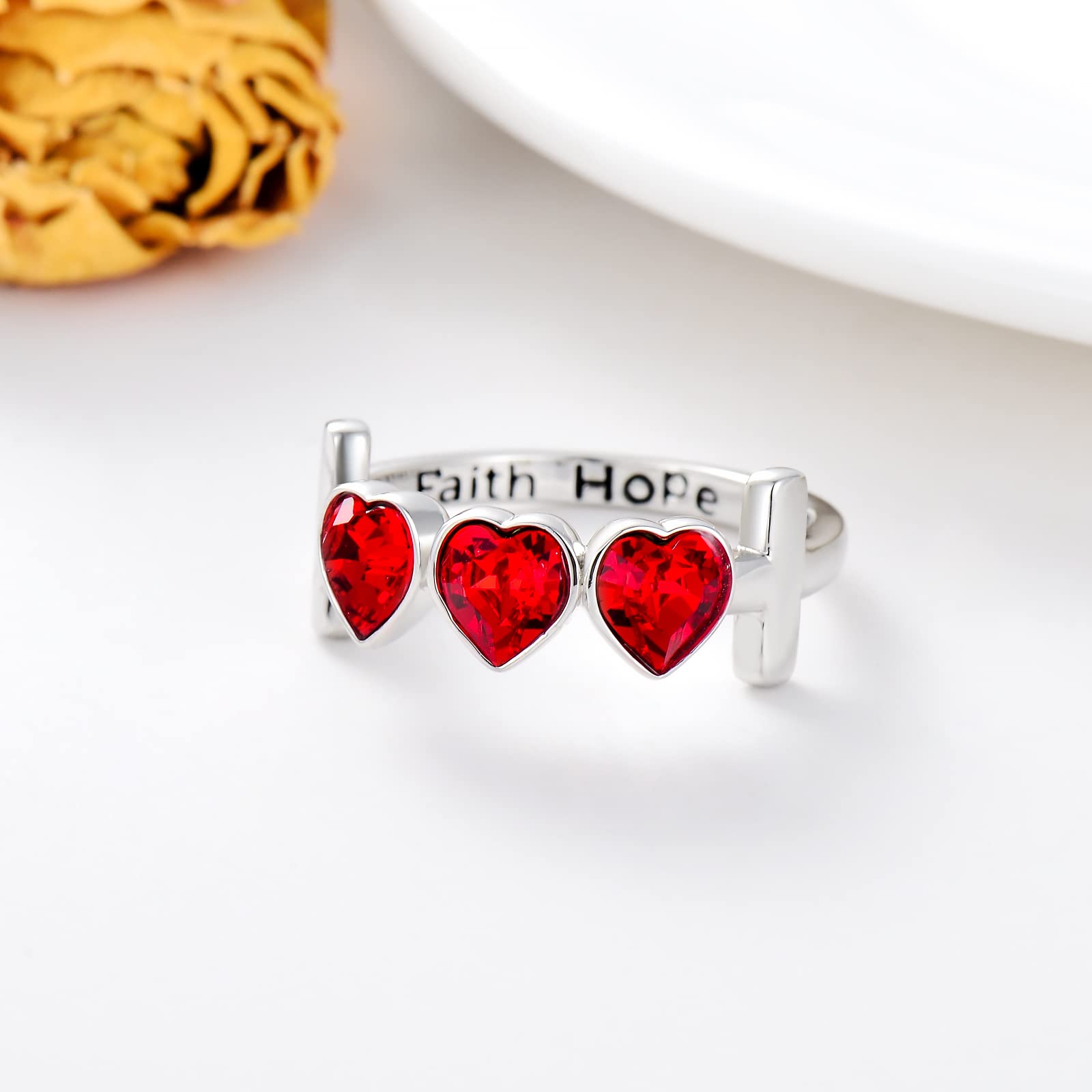 AOBOCO Cross Ring Sterling Silver Faith Hope Love Heart Sideway Cross Ring for Women, Made with Simulated Ruby Red Heart Austrian Crystals, Size 9