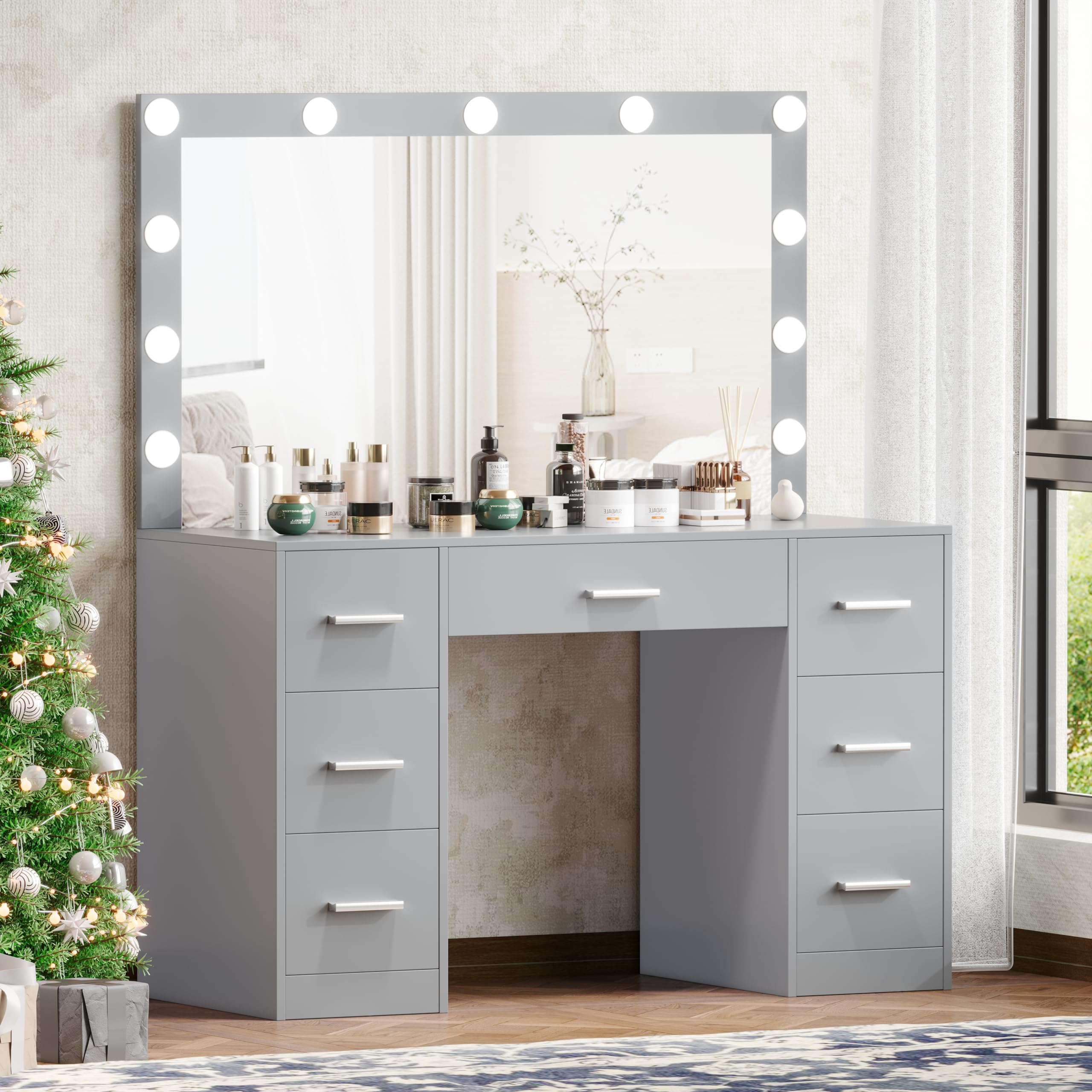 Irontar Vanity Table, Makeup Table with Lighted Mirror, 3 Color Lighting Modes, Brightness Adjustable, Dressing Table with Drawers, Vanity Desk for Women, Gray