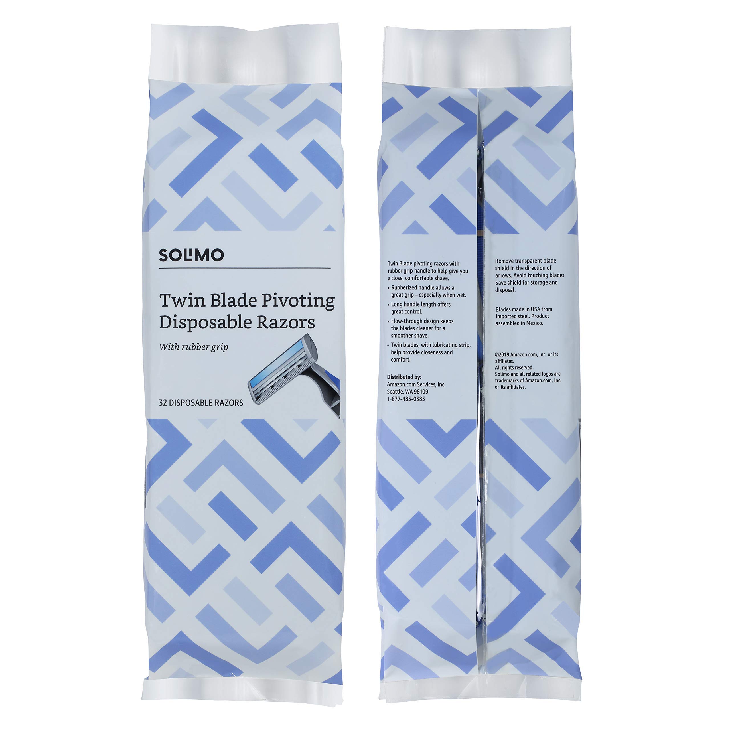 Amazon Brand - Solimo Twin Blade Pivoting Disposable Razors with Rubber Grip, 32 count