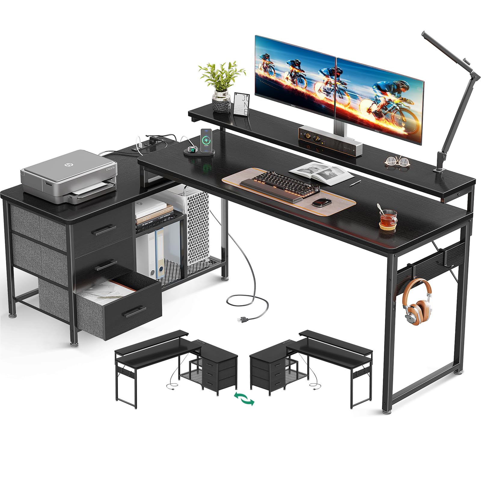 AODK 70 Inch L Shaped Computer Desk with Power Outlets & USB Charging Ports, Reversible L-Shaped Corner Desk with Drawers & Monitor Stand, Home Office Workstation with Storage Cabinet, Rustic Brown