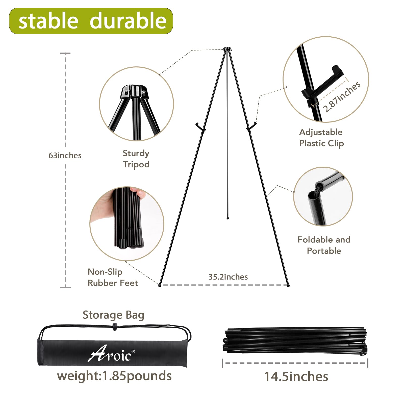 AROIC 63 "Easel Stand for Display, Portable Foldable Metal Easel, Easels for Signs Wedding Logos,Arts, Painting,Adjustable Floor Easels with 1 Storage Bag