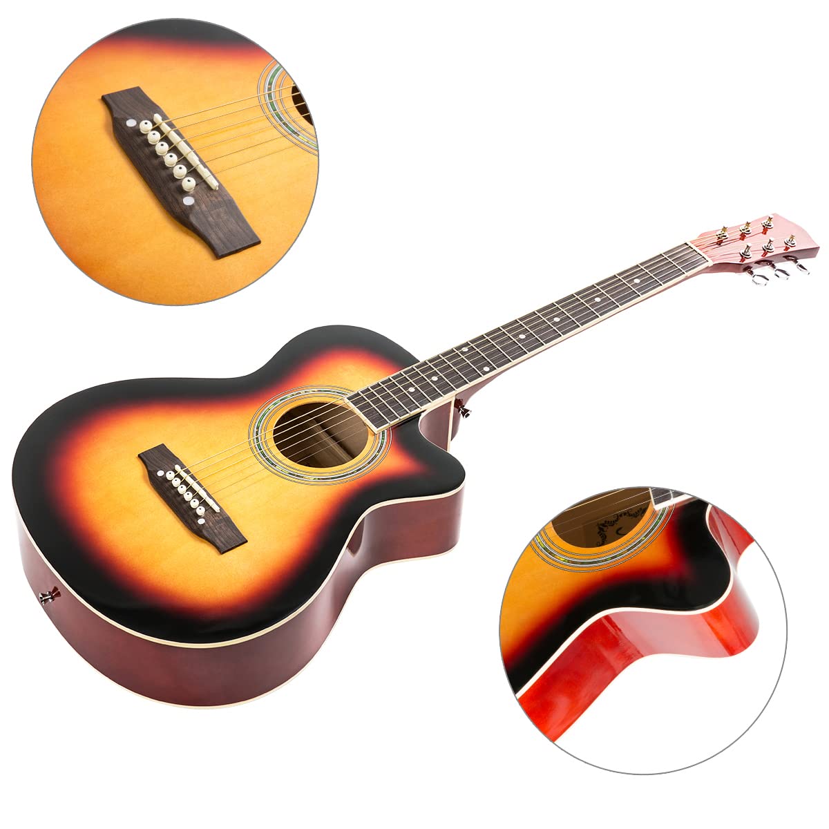 ARTALL 39 Inch Handmade Solid Wood Acoustic Cutaway Guitar Beginner Kit with Gig Bag, Strings, Picks, Strap, Glossy Sunset