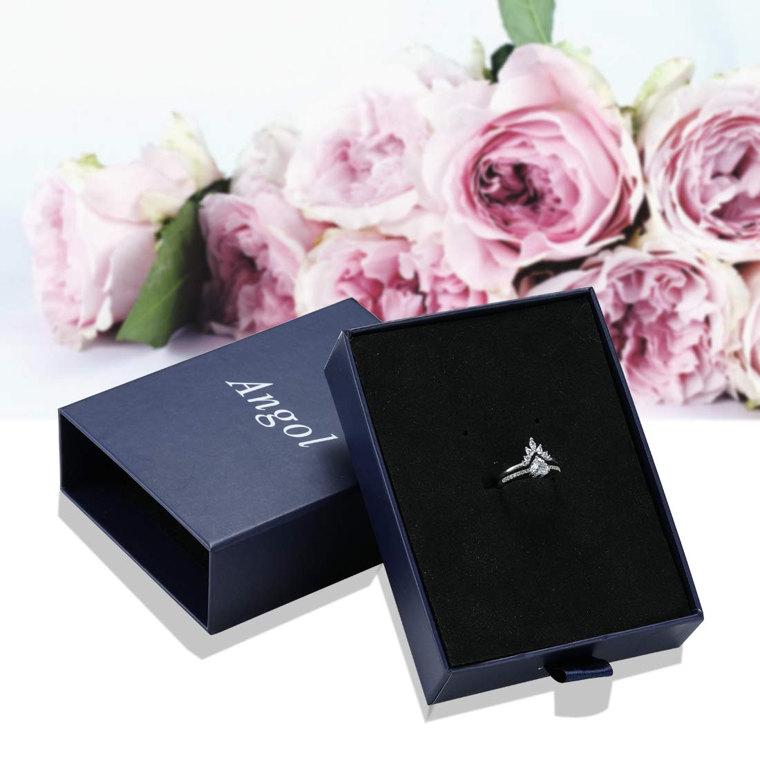 Angol Heart Wedding Ring Set for Women 925 Sterling Silver Wedding Bridal Set Engagement Anniversary Valentines Day Gift for Her Cubic Zirconia Diamond Crown Ring with Box Size 7
