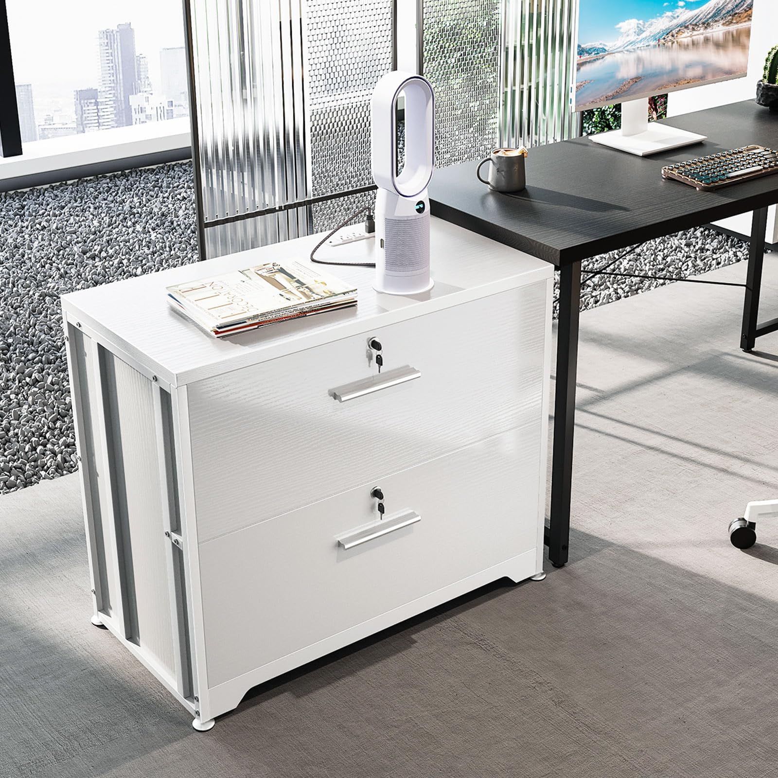 AODK File Cabinet with Charging Station Filing Cabinet for Home Office, Large File Cabinets with Lock, Office Storage Cabinet 2 Drawer for Legal/Letter/A4 File, White