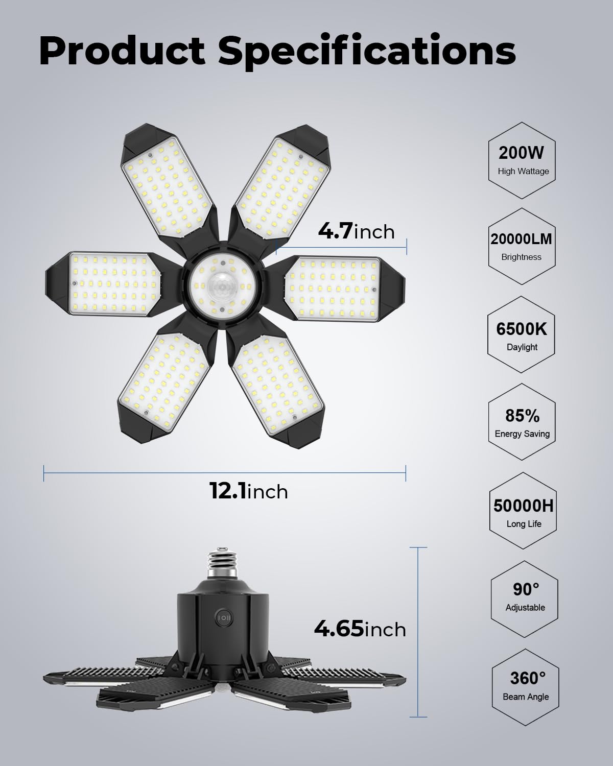 toberich Motion Sensor Garage Light, Ultra Bright 200W 20000LM Motion Shop Light w/ 3 Switch Modes, 6500K Daylight, Dusk to Dawn Indoor Motion Activated Light Bulb for Garage, Workshop (1 Pack)