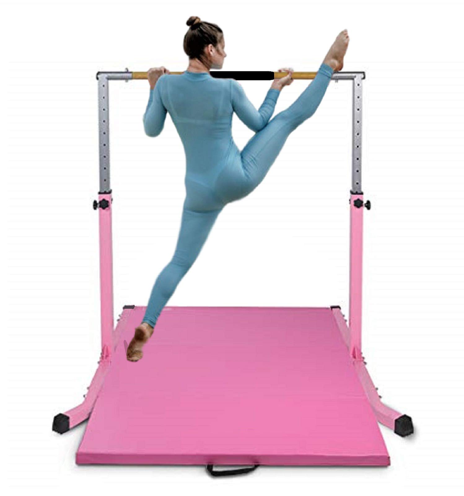 Athletic Bar Expandable Gymnastics Kip Bar Set with Balance Beam, 6'x4' Mat for Kids, Horizontal Bar Junior Gymnastic Training Exercise Gymnast Home Gym Adjustable 3 to 5 FT Fiberglass Rail (Pink)