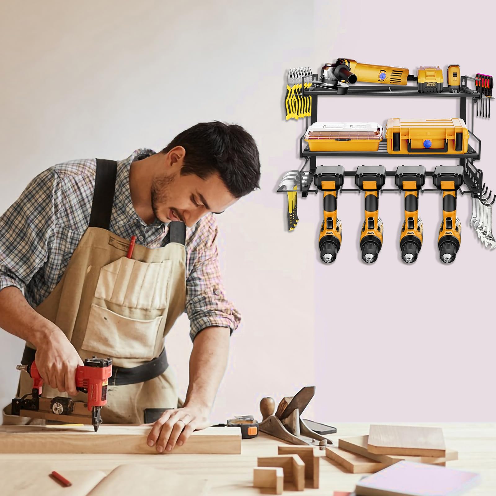 BNNMKL Power Tool Organizer Wall Mount, 3 Layers Cordless Drill Storage Rack, Super Large Storage Rack for Power Tool Drill, Screwdriver and Drill Holder Battery Rack or 4 Drill Holders
