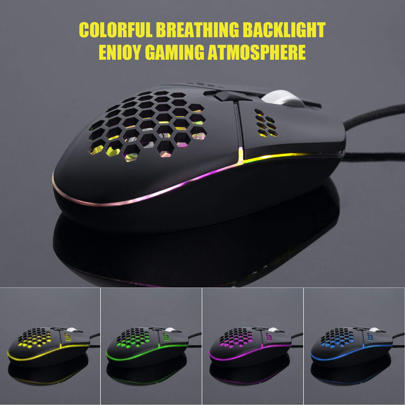 Anholi USB Wired Honeycomb Gaming Mouse with Cooling Fan, 8000 DPI 4-Adjustable, Color Breathing Light, Lightweight Game Mice,Optical Sensor Hole Mouse for PC,MAC,Xbox,PS4,6 Buttons(Black)