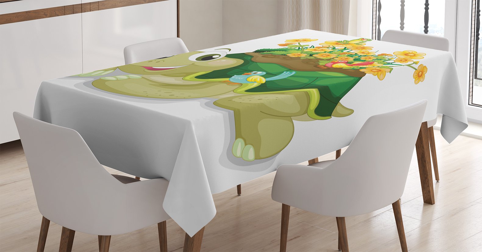 Ambesonne Reptile Tablecloth, Funny Floral Turtle Talking Colorful Humming Birds Tortoise Ninja Inspired Print, Rectangular Table Cover for Dining Room Kitchen Decor, 60" X 90", Multicolor