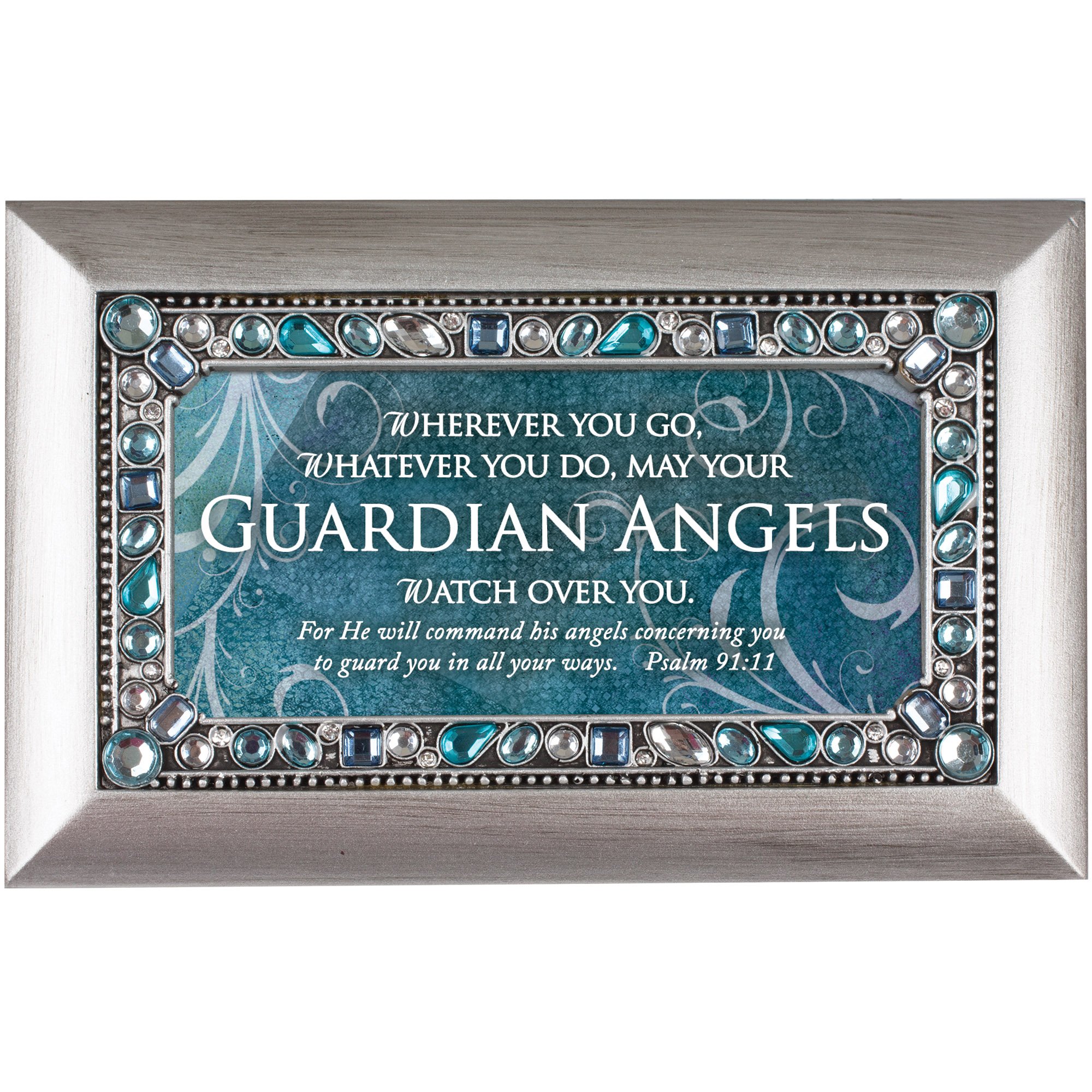 Cottage Garden Guardian Angels Watch Over You Brushed Silvertone Jewelry Music Box Plays Amazing Grace
