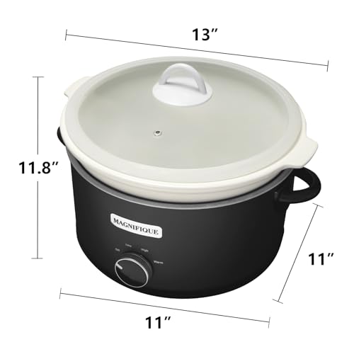 Magnifique 5 Quart Slow Cooker Round Manual Pot Food Warmer with 3 Cooking Settings, Stainless Steel Black and White Ceramic pot