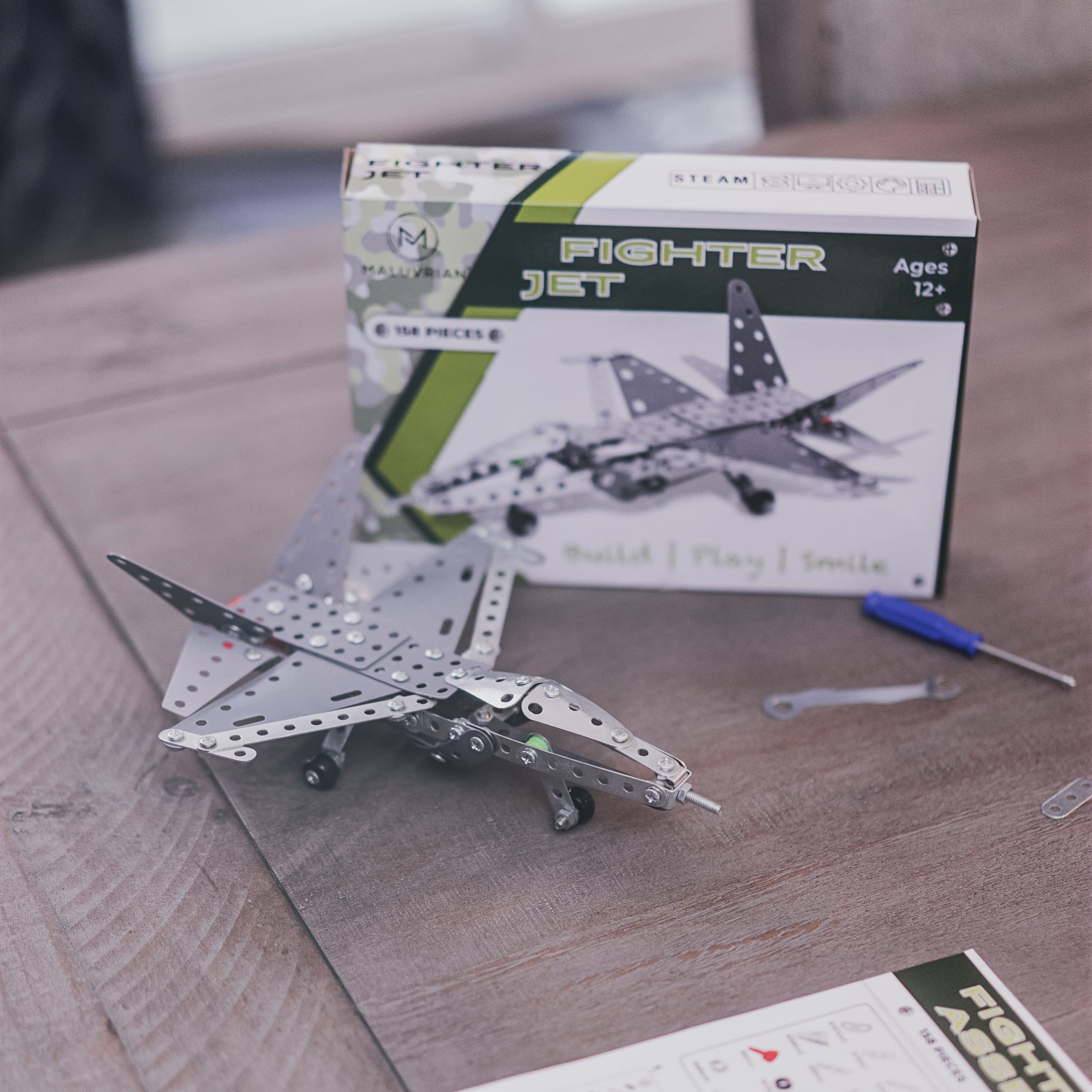 MALUVRIAN Erector Set Fighter Jet for Boys - Girls | Metal Model Airplane Kit for Adults Teens and Advanced Kids | Stem Toy | Educational and Engineering | 158 pcs