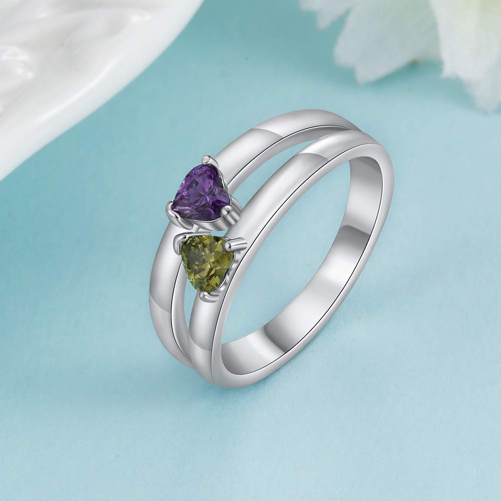 Ashleymade Heart Promise Rings for Her Personalized 2 Names 2 Simulated Birthstone Mother Daughter Rings Engagement Rings for Women (Silver, 9)