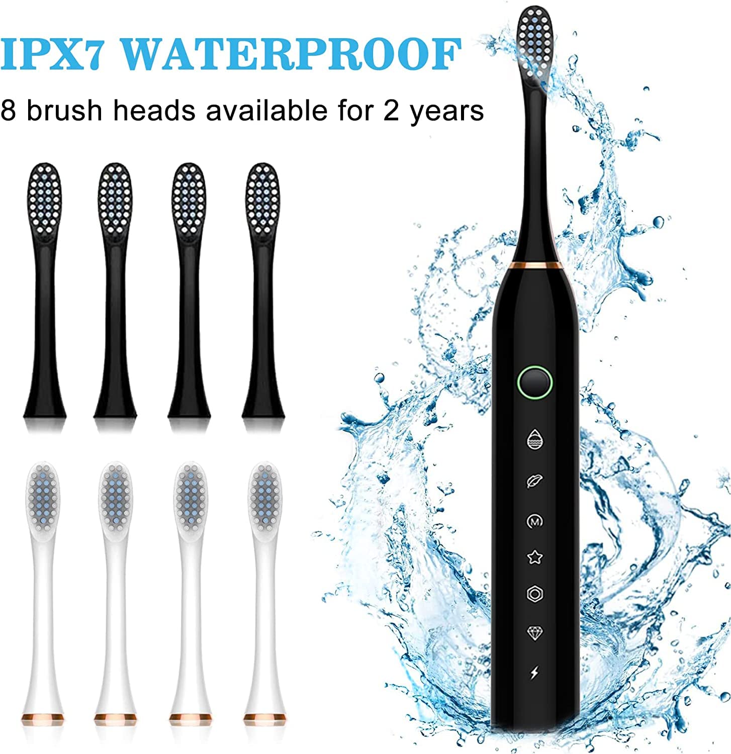 Bluvuphy 2 Pack Electric Toothbrushes Sonic Toothbrush Whitening with 8 Brush Heads, 6 Cleaning Modes and Smart Timer, for Adults Rechargeable Waterproof Cleaning Toothbrushes(Black+White)