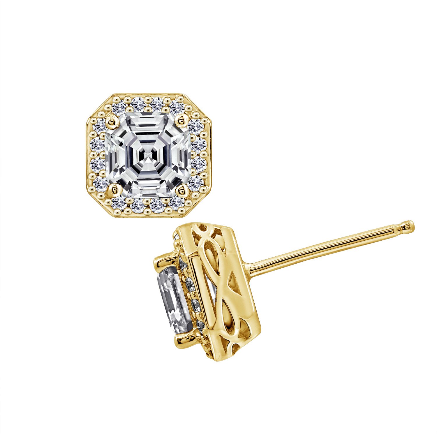 Amazon Collection Yellow Gold Plated Sterling Silver Halo Earrings set with Asscher Cut Infinite Elements Cubic Zirconia (1 cttw)