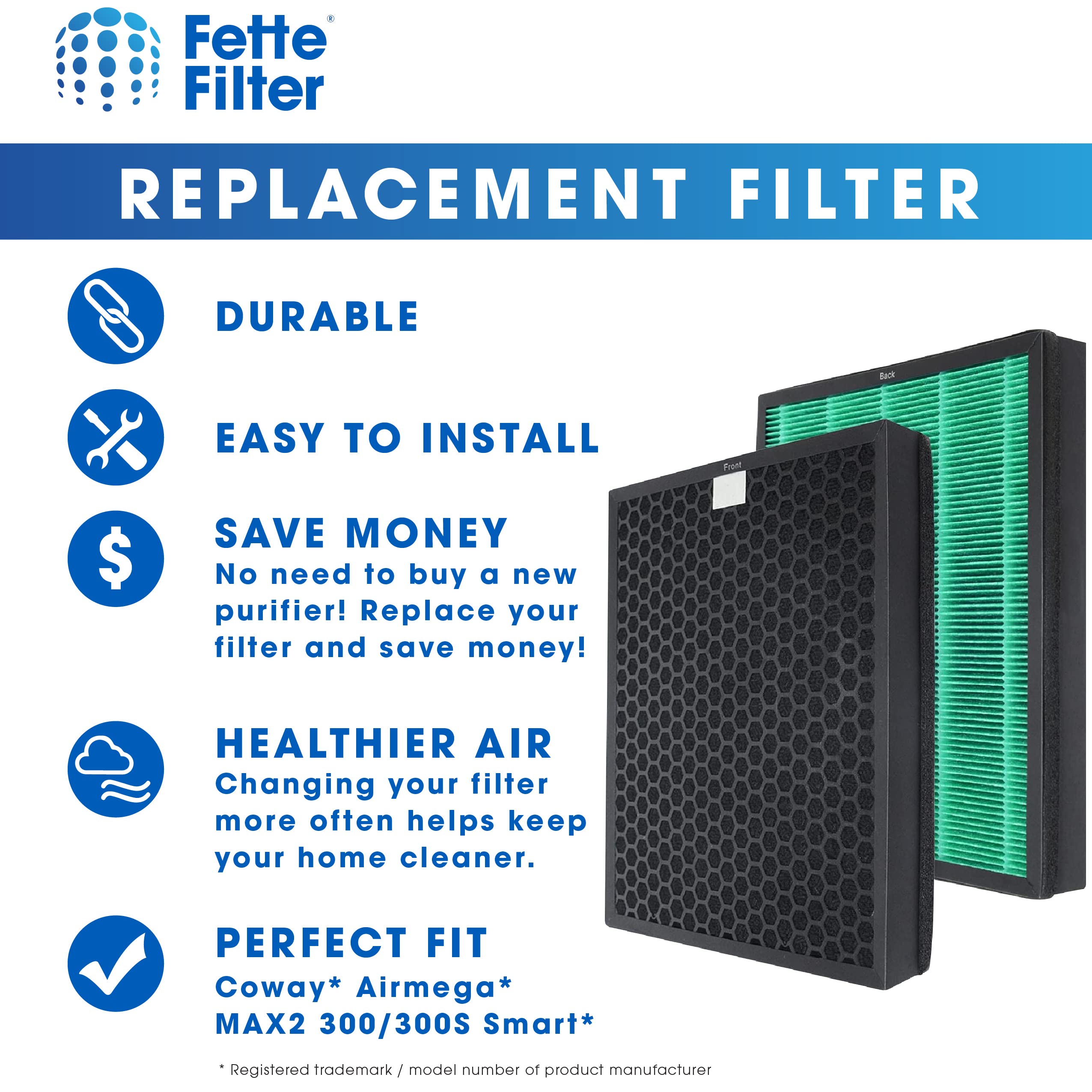 Fette Filter - Replacement True HEPA Air Purifier Filter Set Compatible with Coway Airmega MAX 2 300/300S Smart. Compare to Part # 3111635 - Pack of 2
