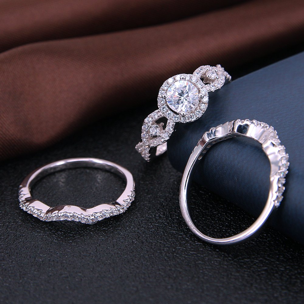 AOEDEJ 3 Piece Round Cut Halo CZ Ring 925 Sterling Silver Anniversary Wedding Band Engagement Ring Bridal Set (8)