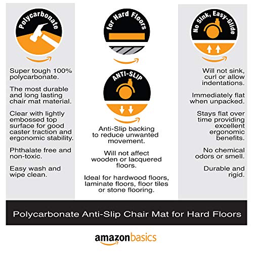Amazon Basics Polycarbonate Anti Slip Chair Rectangular Mat For Hard Floors, 47" x 51", Clear