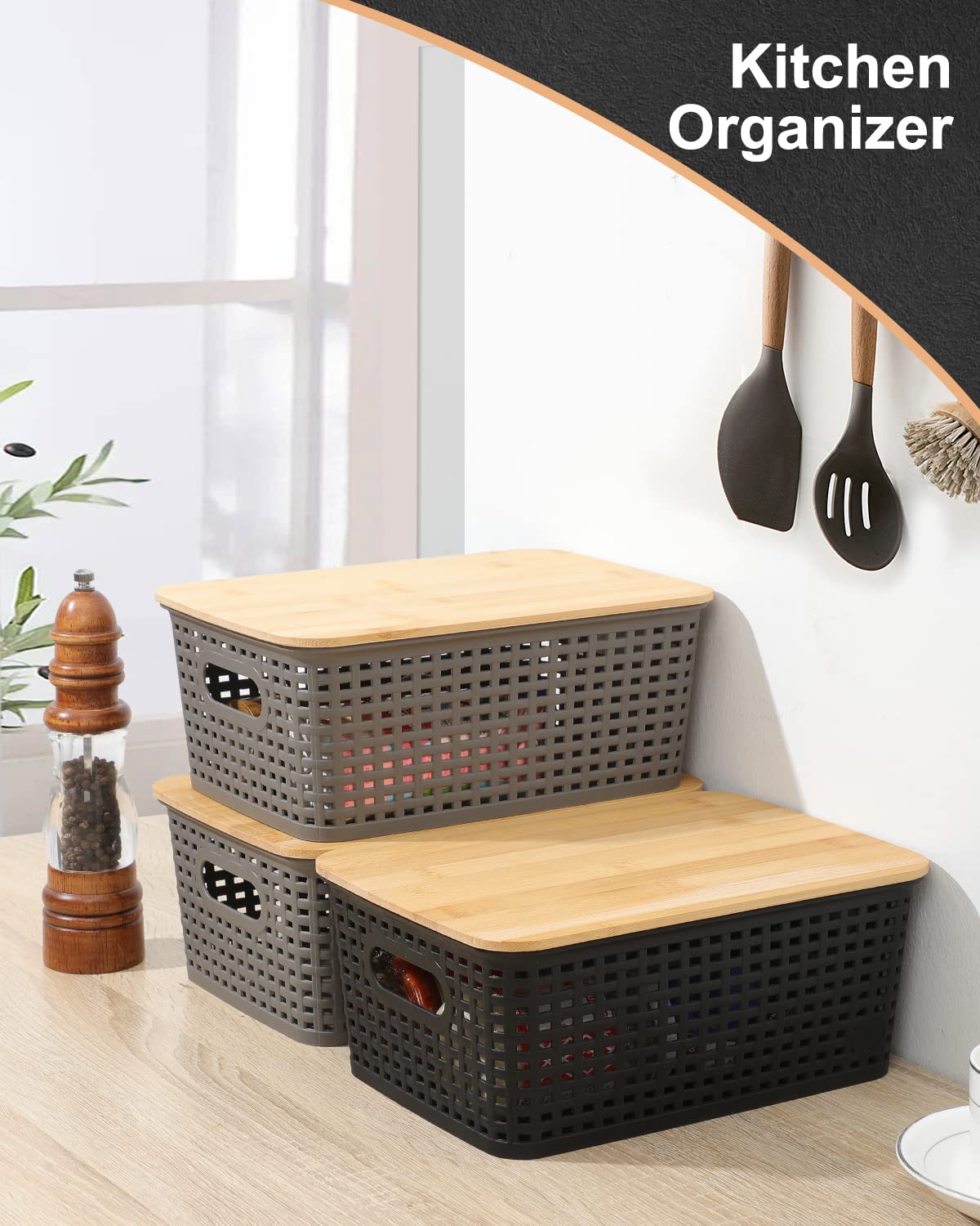 AREYZIN Storage Bins with Bamboo Lids Set of 6 Lidded Storage Container Plastic Baskets Organizer Bins for Organizing Kithen Room Bedroom Office Closet, Sturdy(Black)