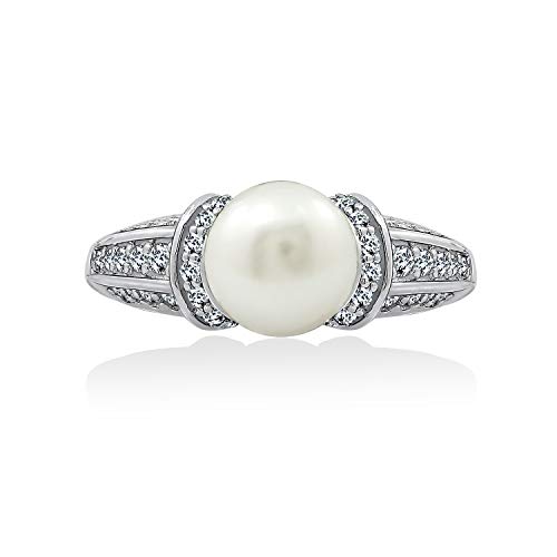 Amazon Collection Platinum Plated Sterling Silver Infinite Elements Cubic Zirconia Freshwater Cultured Pearl Ring, Size 7