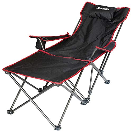 ANIGU 2 in 1 Camping Folding Recliner Chair with Detachable Table (Footstool Can Transform to Side Table) (Black)