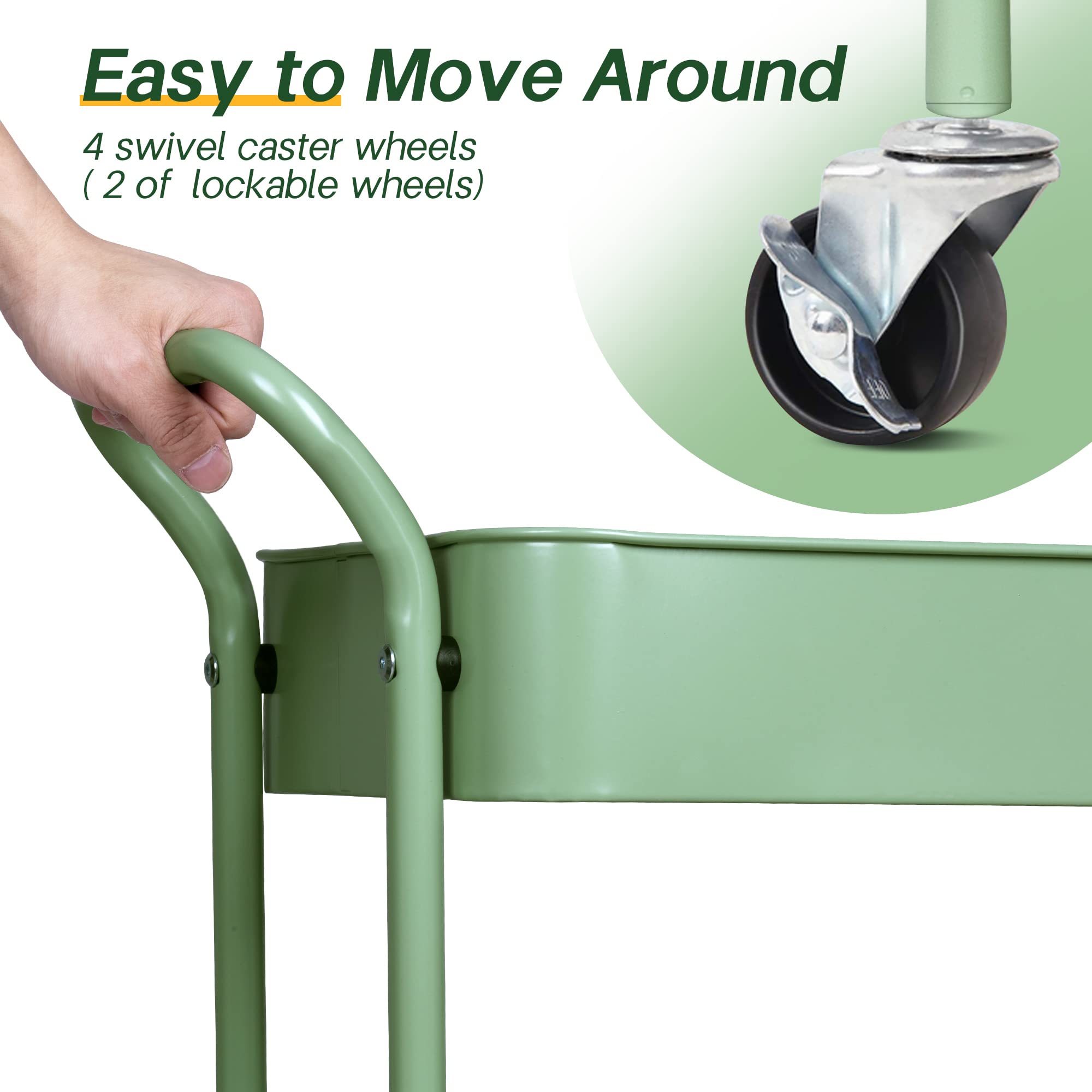 AOODA 3 Tier Under Desk Rolling Cart with Handle and Lockable Wheels, 27'' Height Small Metal Book Cart Mobile Art Cart Rolling Storage Organizer for Office, Kitchen, Bathroom (Aqua Green)