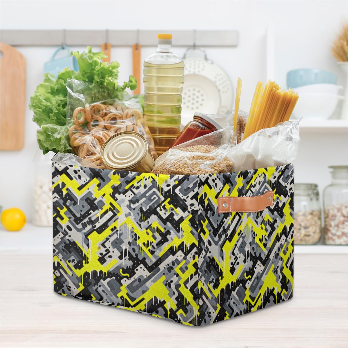 GzLeyigou Yellow Camo Skin Large Collapsible Storage Bins ,Decor Decorative Canvas Fabric Storage Boxes Organizer with Handles,Rectangular Baskets Bin for Home Shelves Closet Nursery Gifts