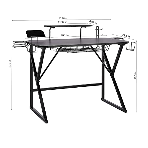 Amazon Basics Rectangular Gaming Computer Desk With Storage For Controller, Headphone & Speaker, Black, 23.4" D x 51" W x 35.9" H