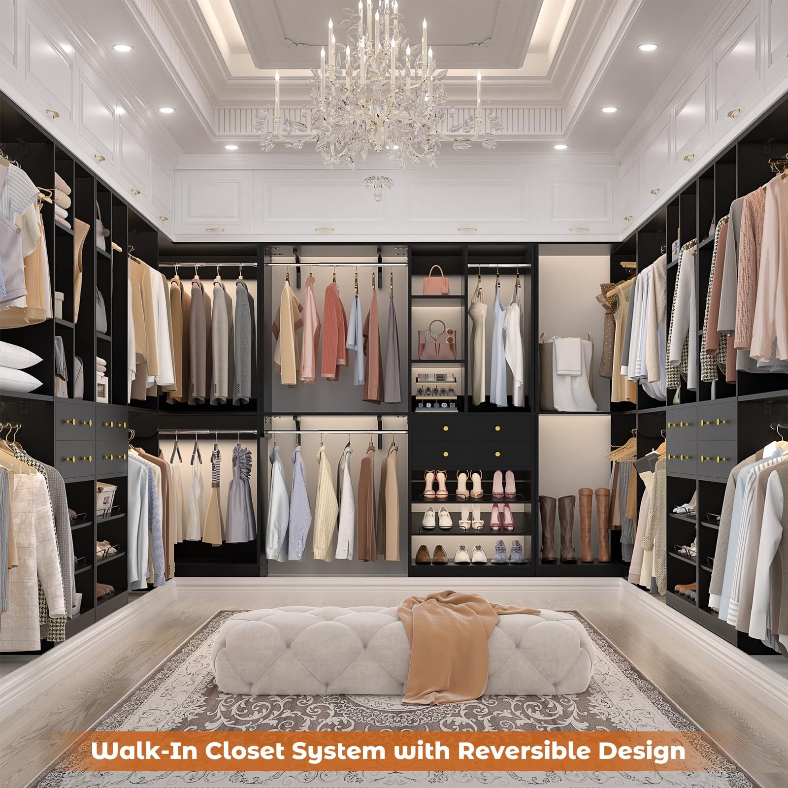 Besiost Closet System with Corner(3 Sets), 90.5" Closet Organizer System with Drawers, Reversible Garment Rack with Shelves, Walk-in Closet System with Hanging Robs, White