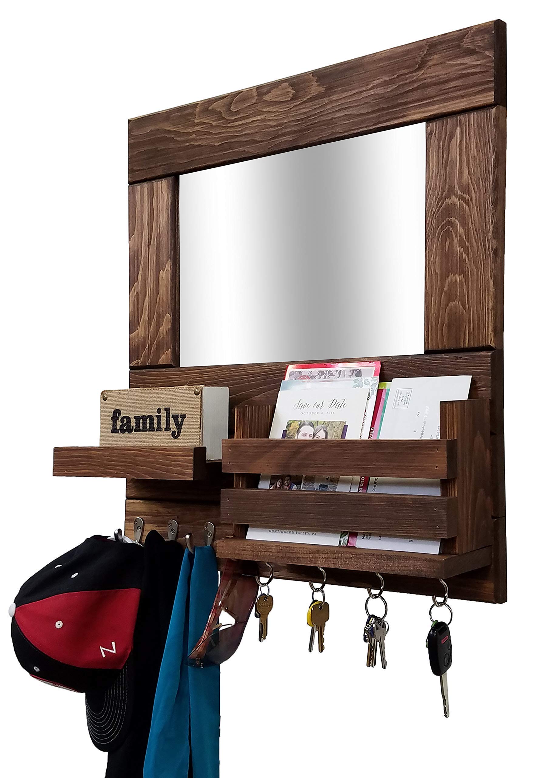 Bristol Organizer, Mirror, Mail Holder, Shelf with Hooks, 20 Stain Colors - Key Holder Wall Shelf, Decorative Mirror, Farmhouse Entryway Mirror Wall Organizer & Shelf, Wooden Mail Organizer