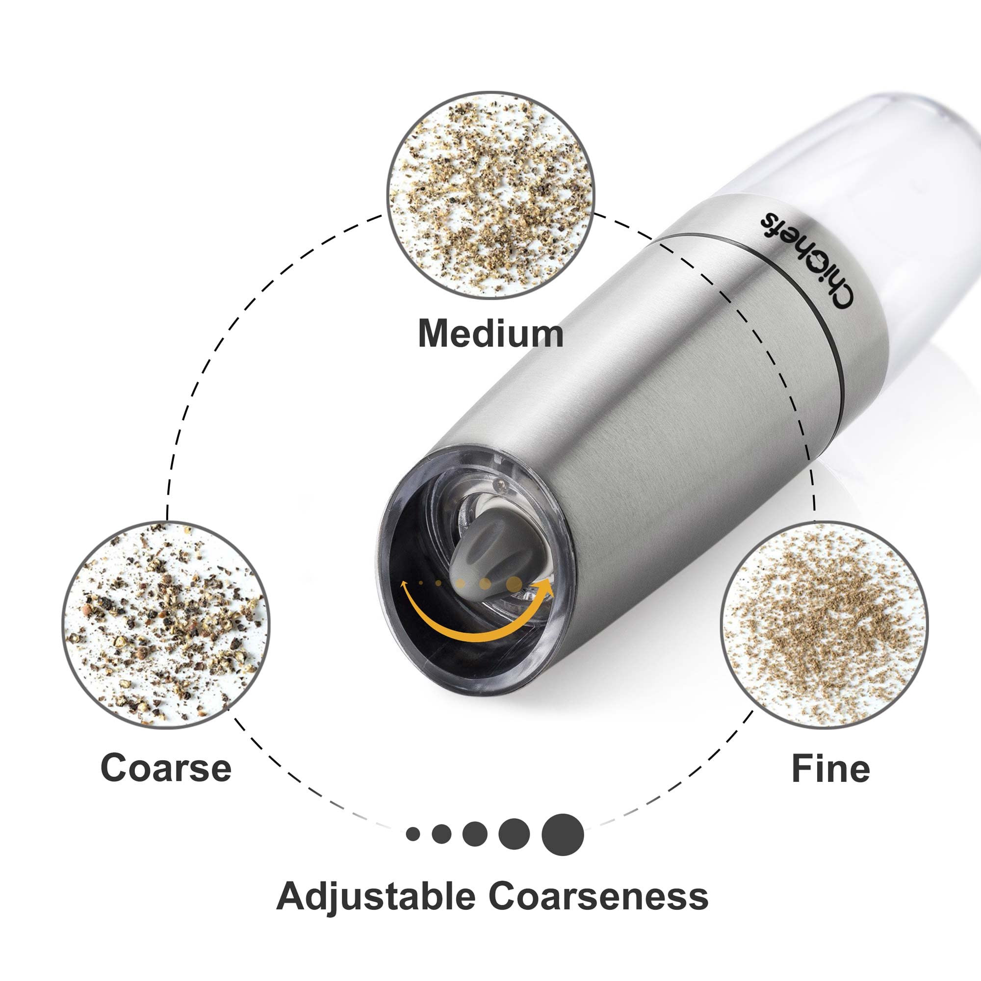 ChiChefs Gravity Electric Salt and Pepper Grinder Set, Automatic Salt and Pepper Mill Grinder, Battery Operated with White LED Light, Adjustable Coarseness, One Handed Operation, Stainless Steel