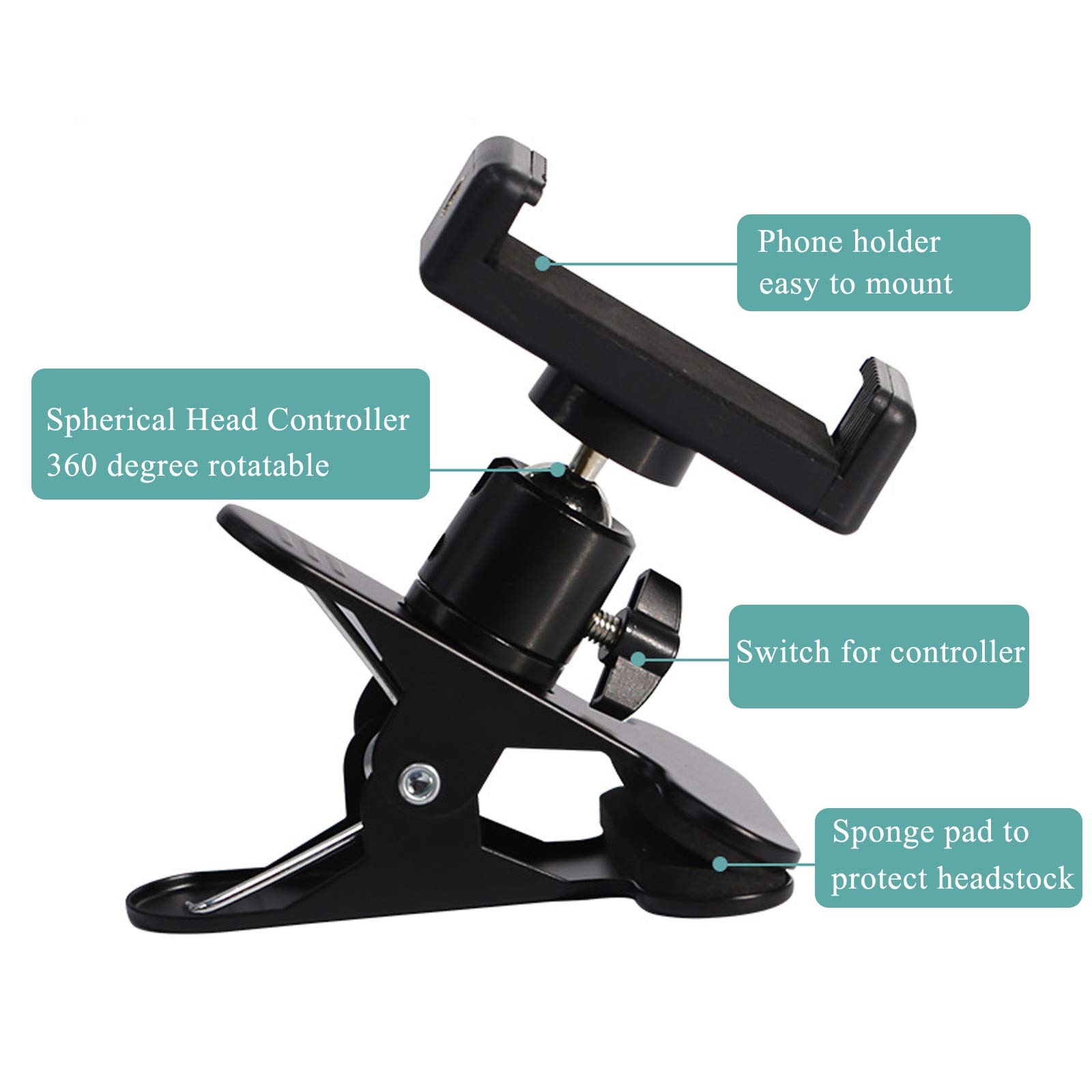 Guitar Bass Ukulele Headstock Cell Phone Holder, Live Broadcast Bracket Clip for iPhone Samsung Smart Phones, Mount for Close Up Home Music Recording