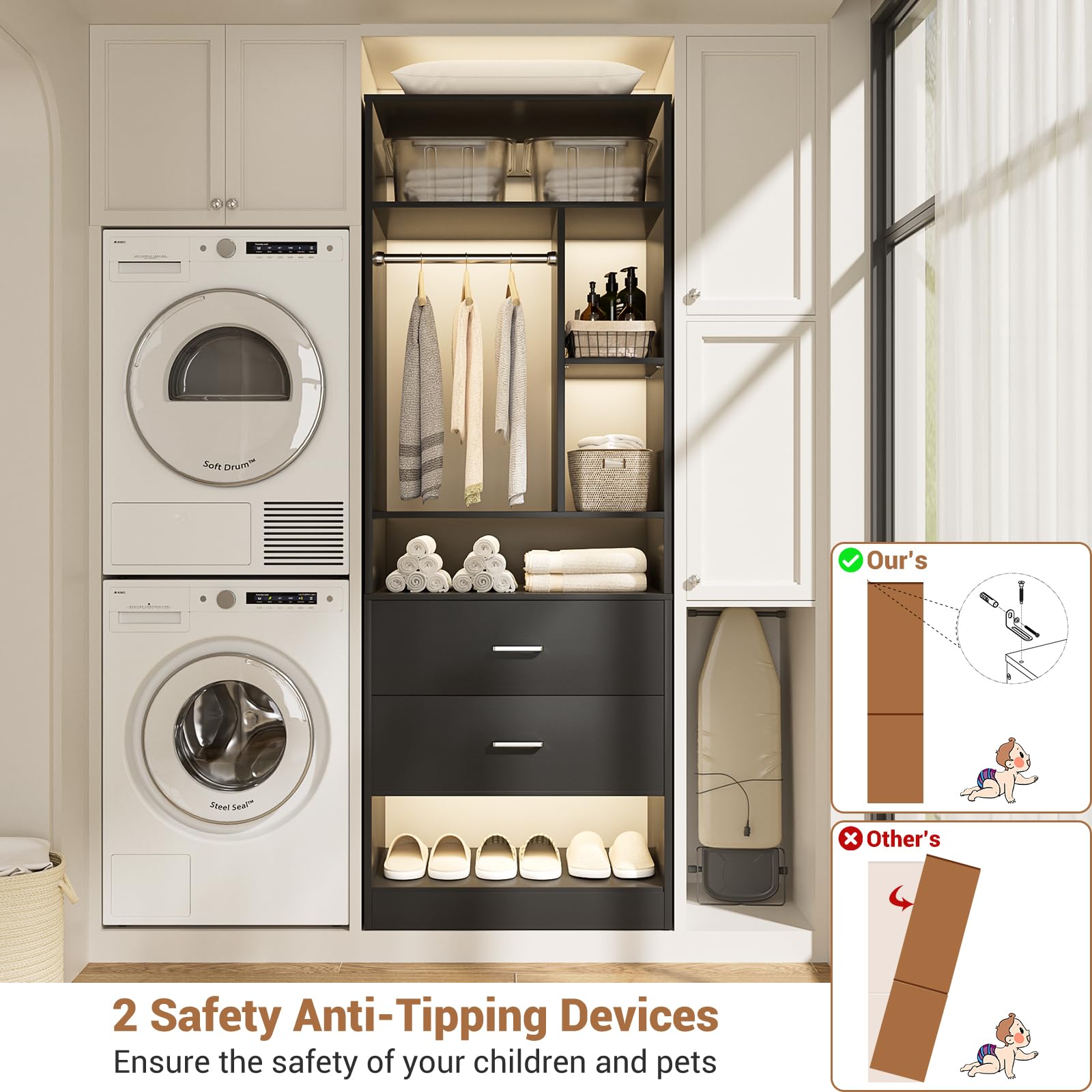Besiost Freestanding 2FT Closet System with 3 Wood Drawers, 24" Closet Organizer System with Hanging Rod & Shelves, Walk-in Closet Systems for Small Closets, White (24"L x 15" W x 80" H)