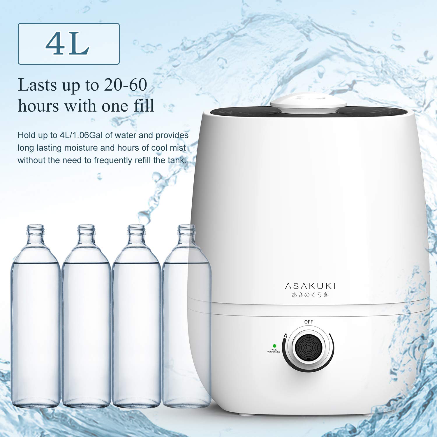 ASAKUKI Cool Mist Humidifier, Large 4L Capacity Ultrasonic Diffuser Vaporizer, Whisper-Quiet Air Humidifier for Home,Office,Bedroom,Baby, Lasts up to 20-60 Hours