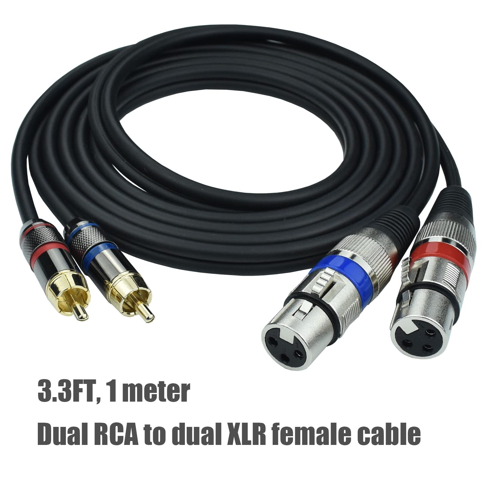Mugteeve Dual XLR Female to Dual RCA Male Phono Cable Adapter, 3.3 Feet Balanced 3pin XLRF to Unbalanced RCA Speaker Cable, Gold Plated, OFC Shielded, Noise-Free, for Mixer, Subwoofer, Amplifier