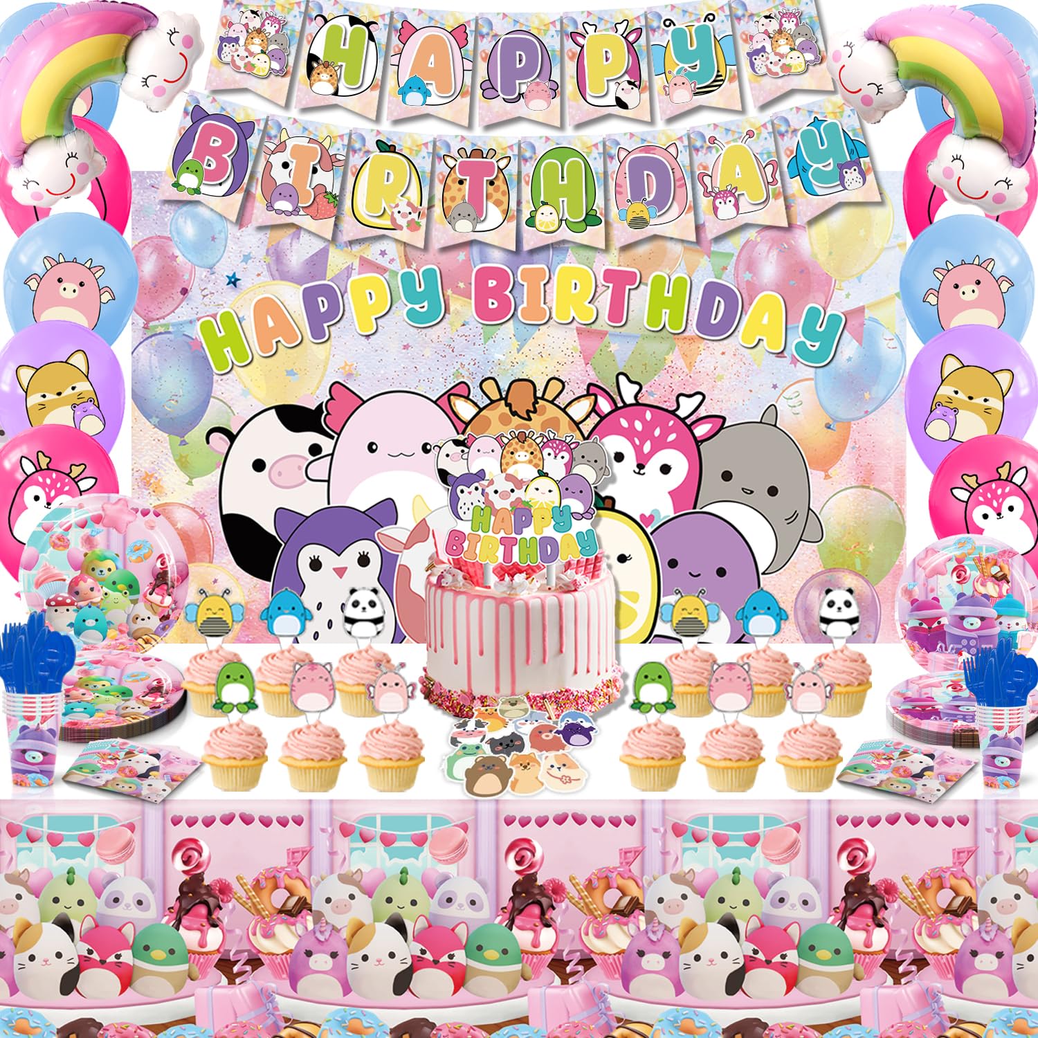 biepi 174 Pcs Birhthday Party Supplies,Theme Birthday Decorations Include Birthday Banner Cake Topper Tablecloth Squishmallow Party Decorations for Girl and Boys