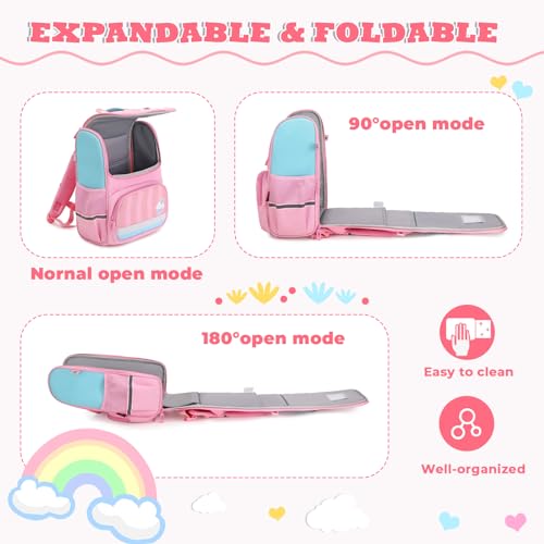 ASKSKY Kids Backpack for Girls, Kawaii Cartoon School Backpack Wide Open Bookbag for 5-10 years old with Reflective Strip, Blue Kitty
