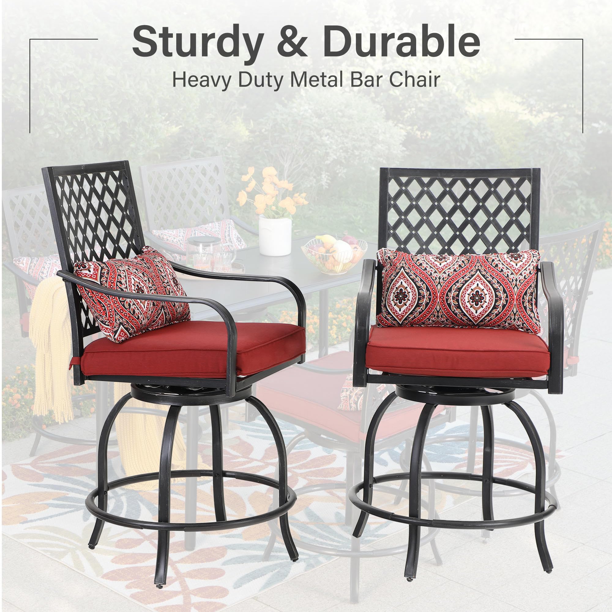 MFSTUDIO 4 PCS Outdoor Swivel Bar Stool, Patio Counter Height Bar Chair with Cushion and Armrest, Red
