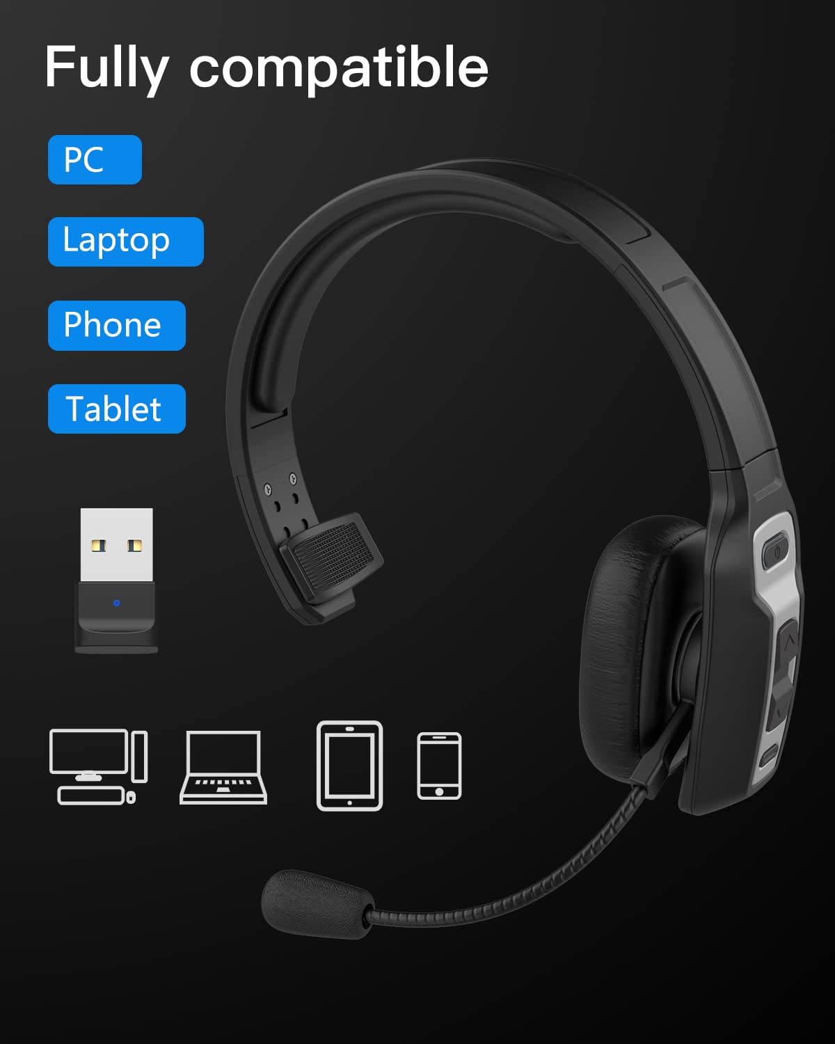 ASIAMENG Bluetooth Headset with USB Dongle/Adapter, Single-Ear Wireless Headset with Noise Cancelling Microphone Mute Button Large Battery for Computer PC Laptop Cell Phones Trucker Office Home